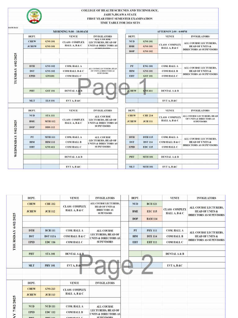 First Year First Semester Examination Time Table For 2024 Set | PDF