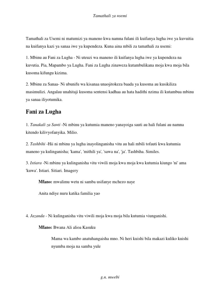 Tamathali, Za Usemi (Paneli Ya Kiswahili) | PDF