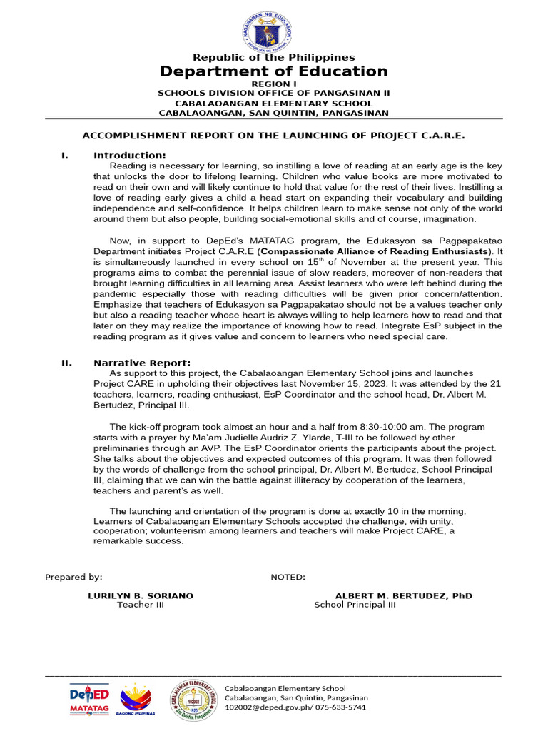 Accomplishment Report - Project CARE | PDF | Human Communication | Learning