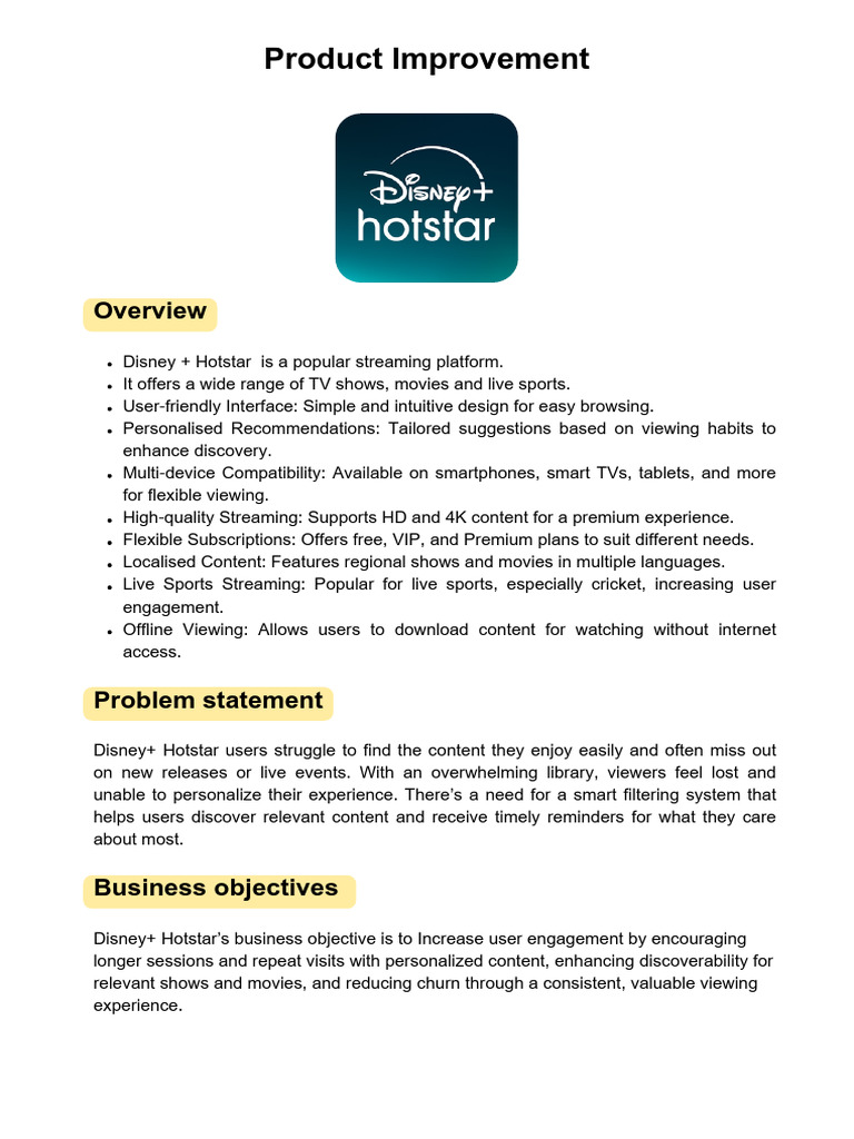 Case Study Product Improvement For Disney Hotstar | PDF | Computing | Cyberspace
