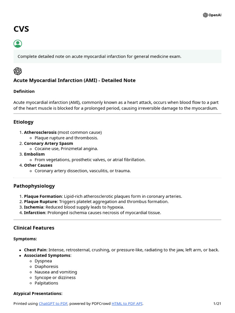 CVS | PDF | Myocardial Infarction | Cardiopulmonary Resuscitation