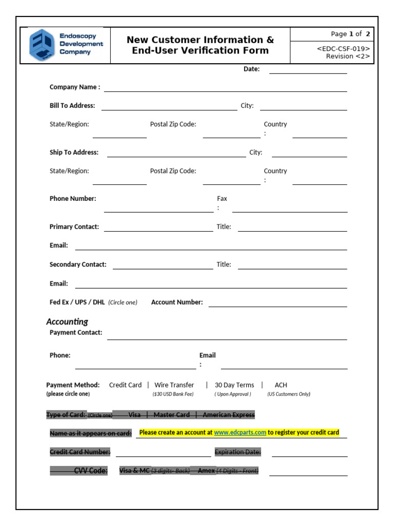 New Customer Information & End User Verification Form EDC-CSF-019 Rev 2 ...