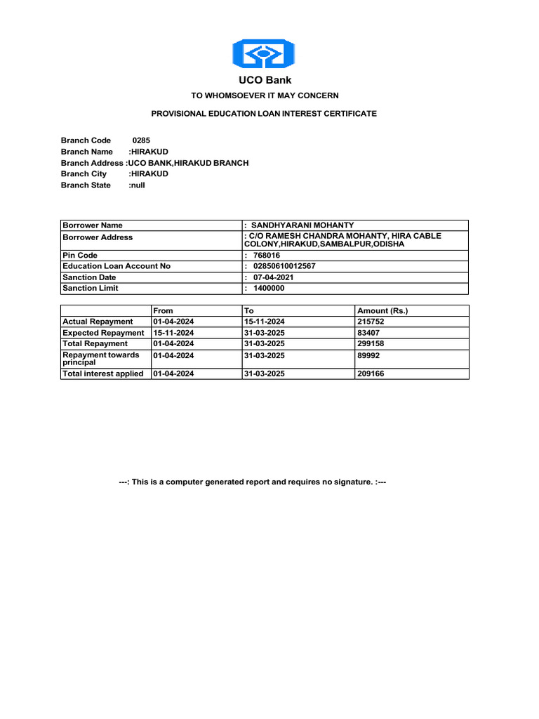 UCO Bank Education Loan Interest Certificate | PDF