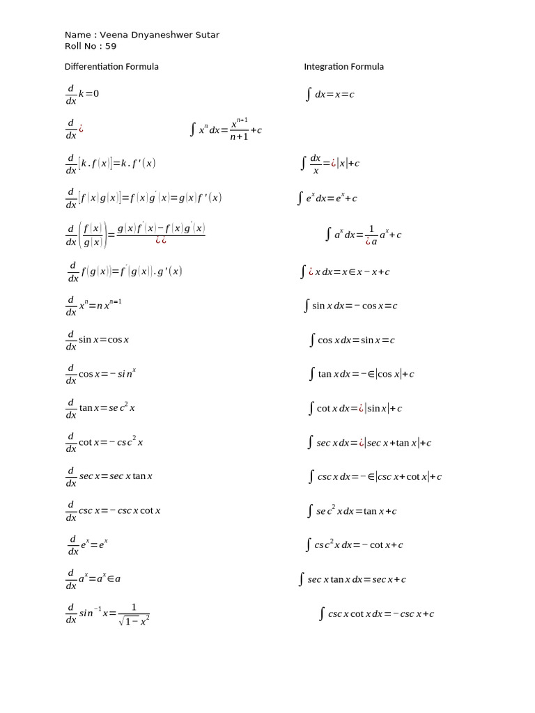 Differentiation and Integration Formulas | PDF | Elementary Mathematics ...