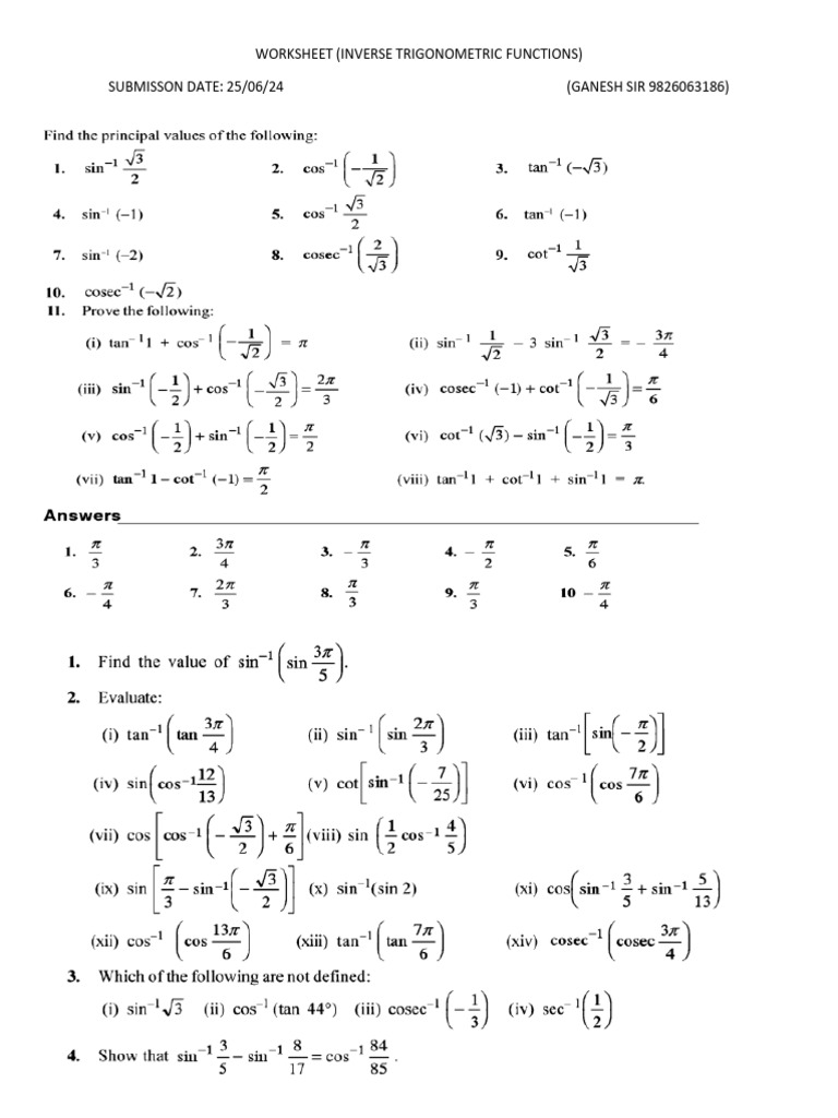 Inverse Trigonometric Functions Worksheet | PDF