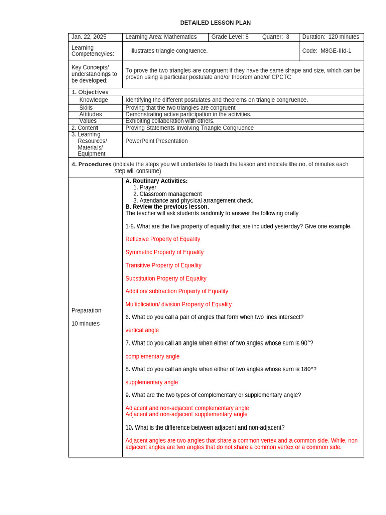 DLP in Math 8 Q3 Proving Triangle Congruence Day 2 | PDF | Euclidean Geometry | Elementary Geometry