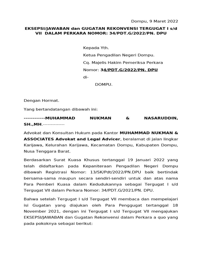 Contoh Gugatan Rekonvensi | PDF