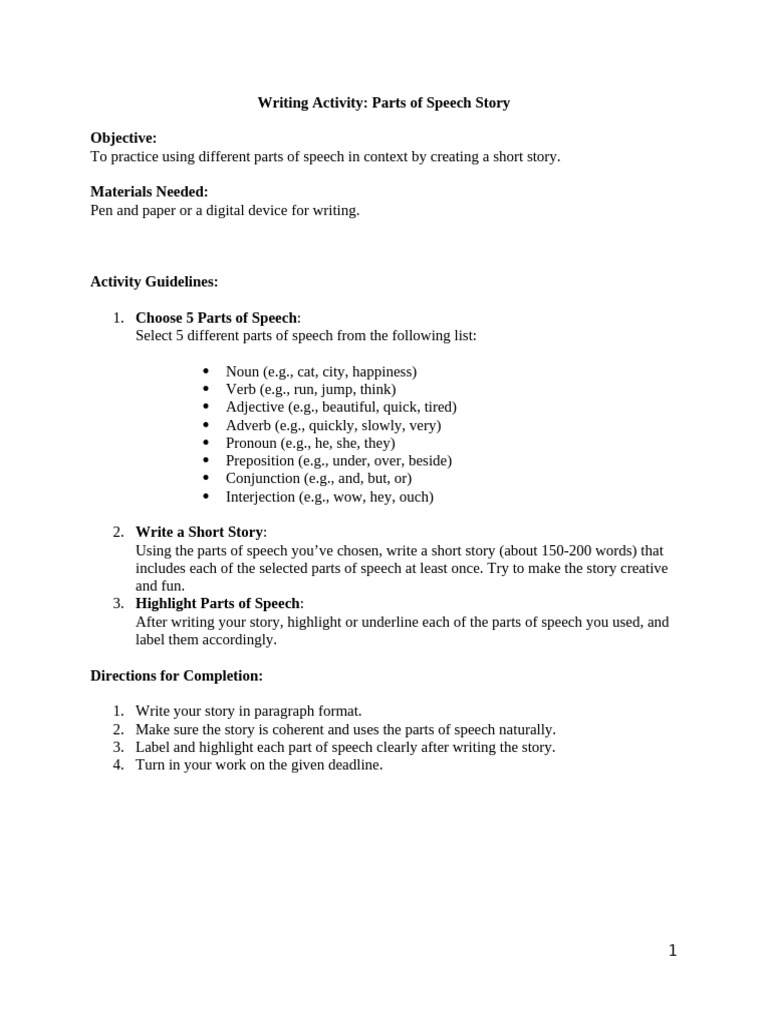 Parts of Speech Story Exercise | PDF | Part Of Speech | Syntactic ...