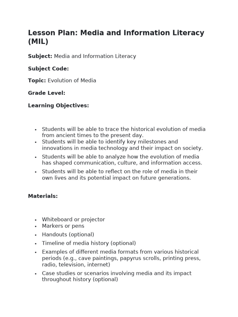 Media Evolution Lesson Plan | PDF | Mass Media | Communication