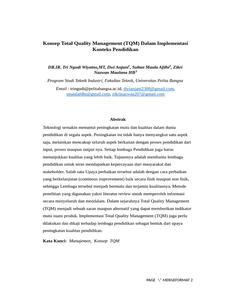 Konsep Total Quality Management (TQM) Dalam Implementasi Konteks Pendidikan | PDF