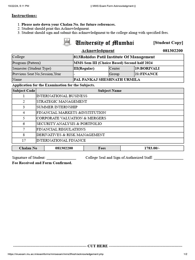 __ MMS Exam Form Acknowledgment __PANKAJ | PDF | Economies | Business