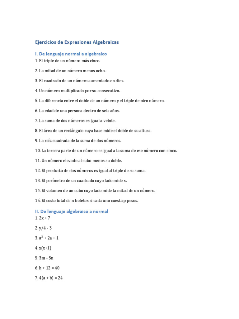 Ejercicios_Expresiones_Algebraicas | PDF