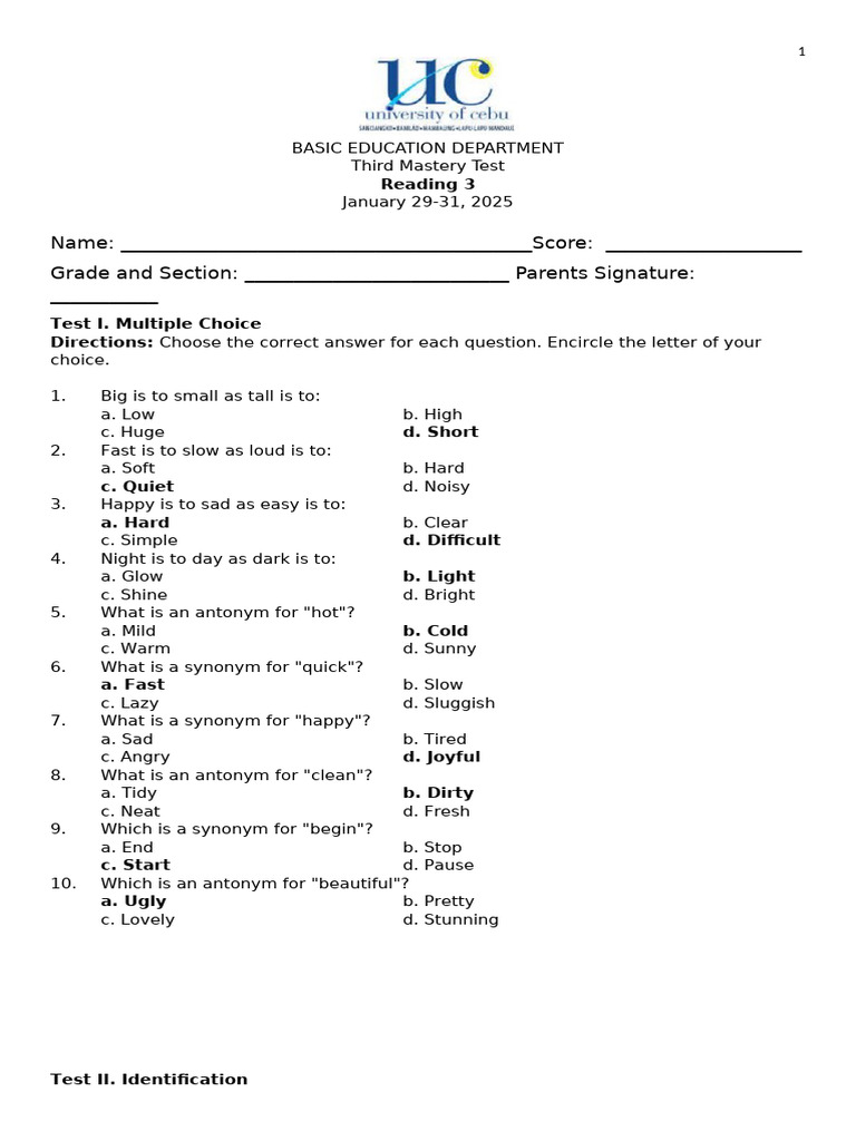 READING 3 - Q3 Mastery Test | PDF