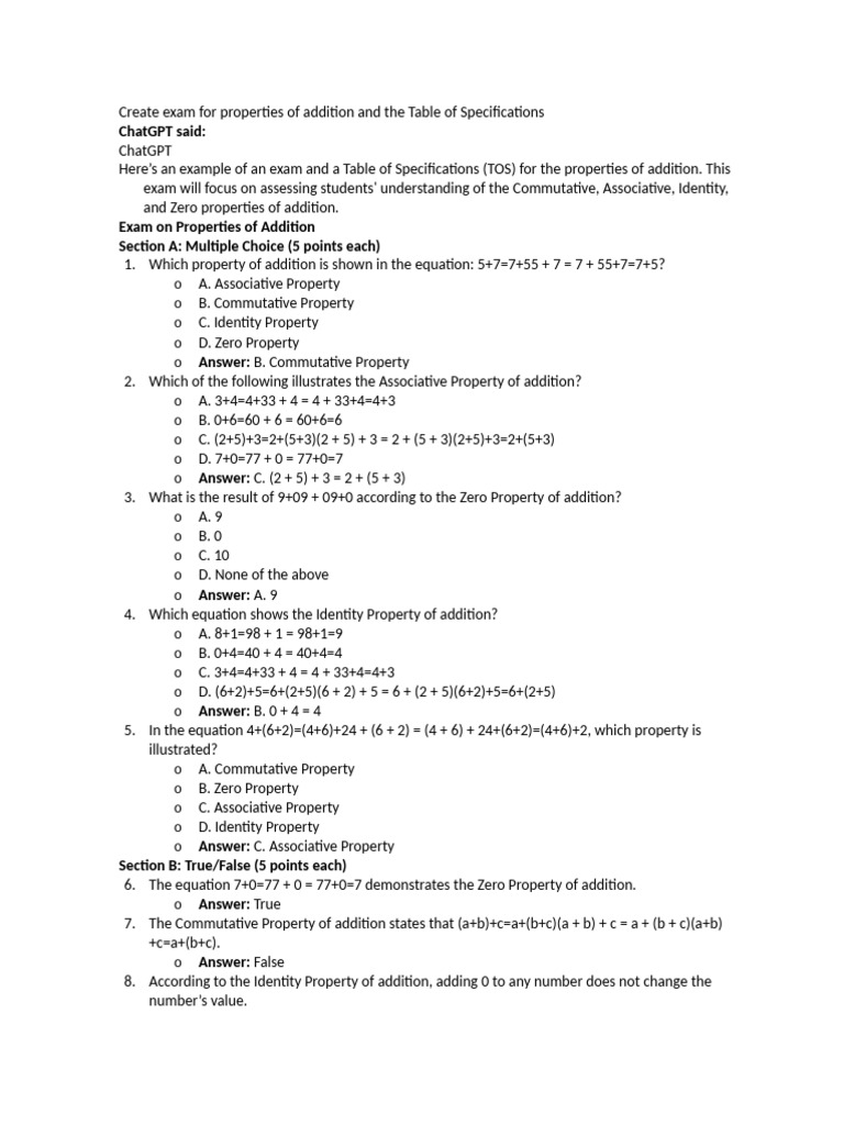 Properties of Addition Exam and TOS | PDF | Numbers | Cognition