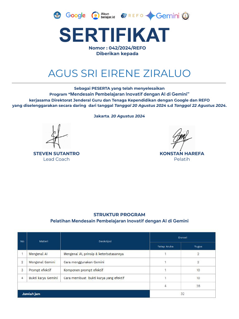 Sertifikat - Agus Sri Eirene Ziraluo | PDF