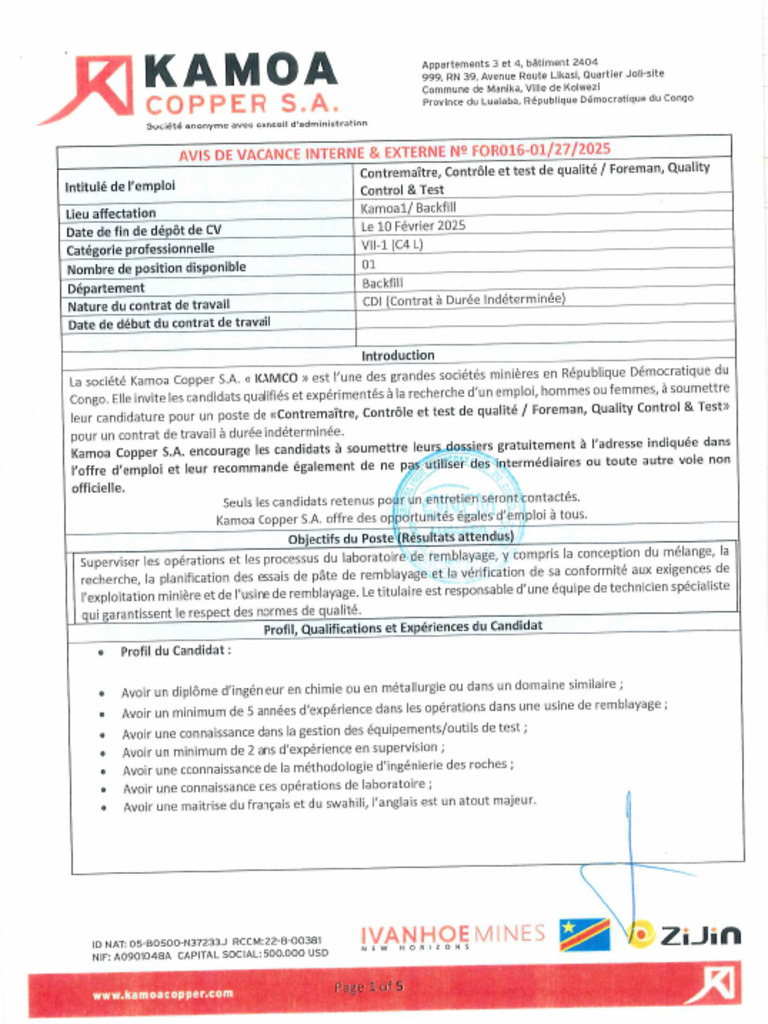 Advert N°FOR16 Contremaître, Contrôle Et Test de Qualité | PDF