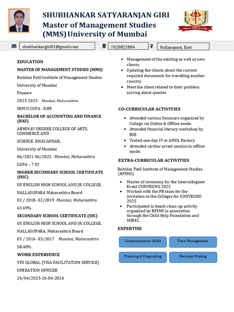 Shubhankar Giri Rpims CV | PDF