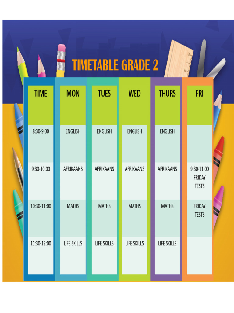 Timetable Grade 2: Time MON FRI Tues WED Thurs | PDF