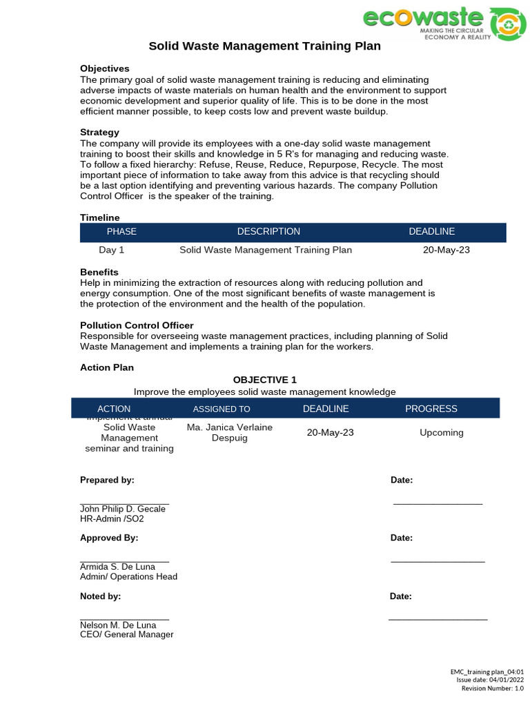 TRAINING PLAN Solid Waste MNGT | PDF | Waste Management | Waste