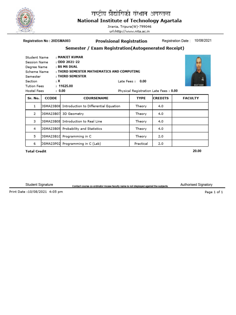 NIT Agartala Third Semester Registration | PDF