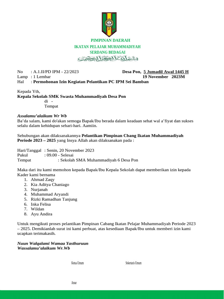 Permohonan Izin Pelantikan PC IPM 2023 | PDF