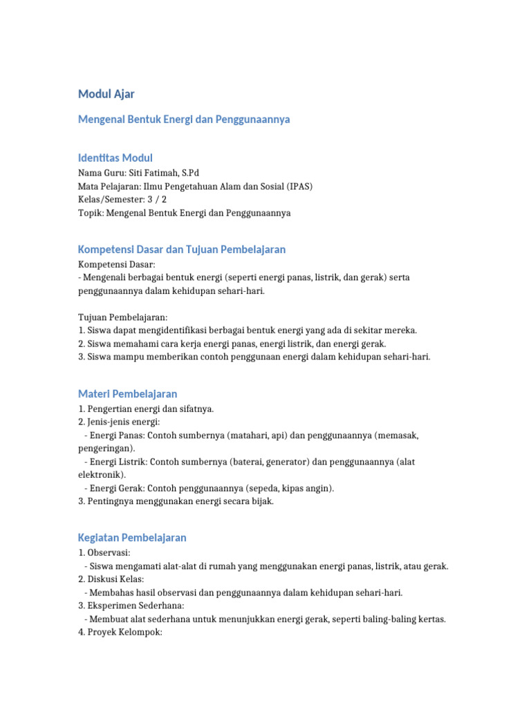 Modul Ajar IPAS Kelas 3 Energi | PDF