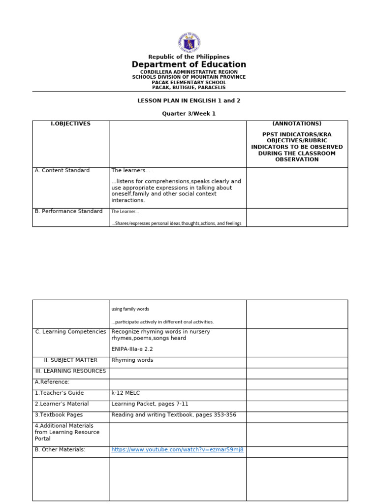 COT Lesson Plan in English QUARTER 3 | PDF | Learning | Lesson Plan