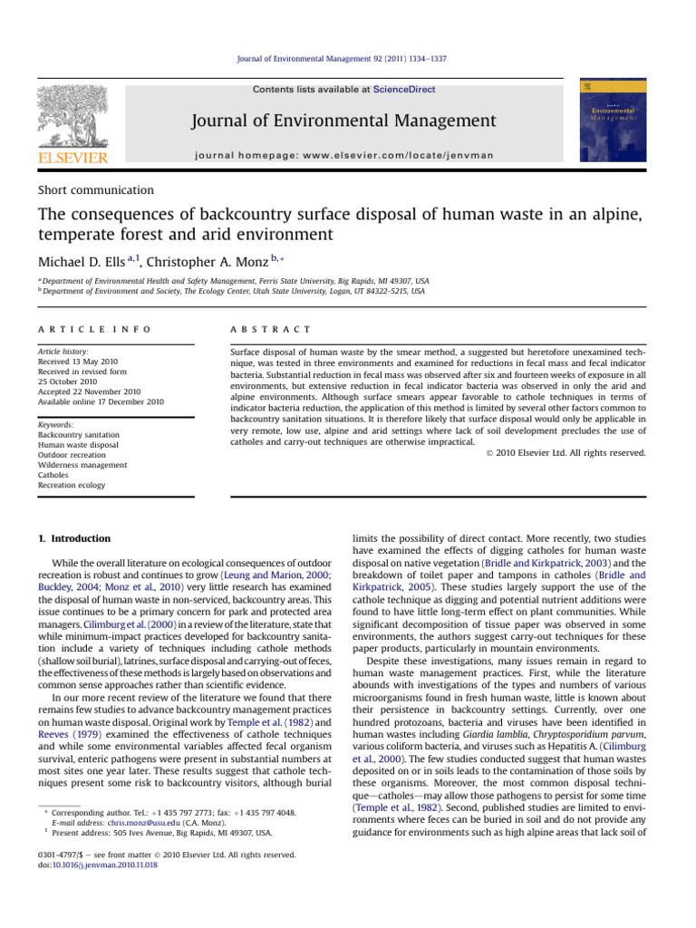 Backcountry Human Waste Disposal Study | PDF | Microbiology