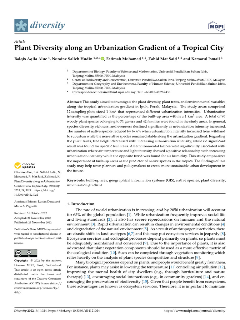Plant Diversity Along An Urbanization Gradient of A Tropical City | PDF ...