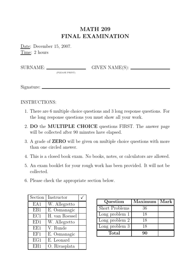 Math 209 Final Exam Instructions | PDF | Flux | Differential Geometry