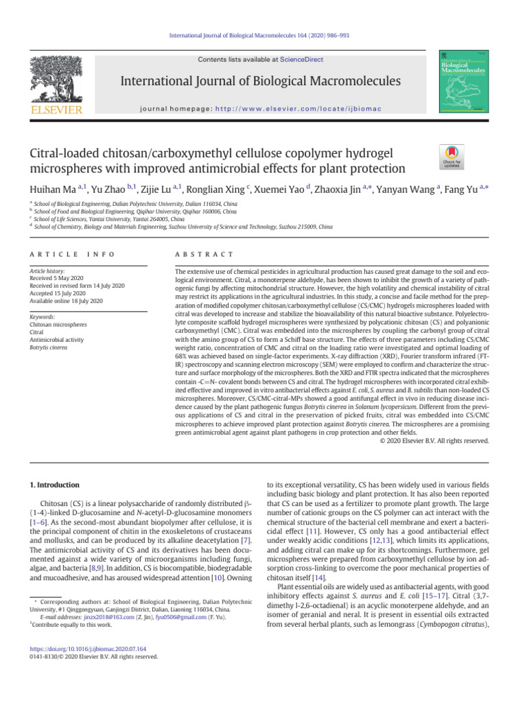 Citral-Loaded Chitosan - Carboxymethyl Cellulose Copolymer Hydrogel ...