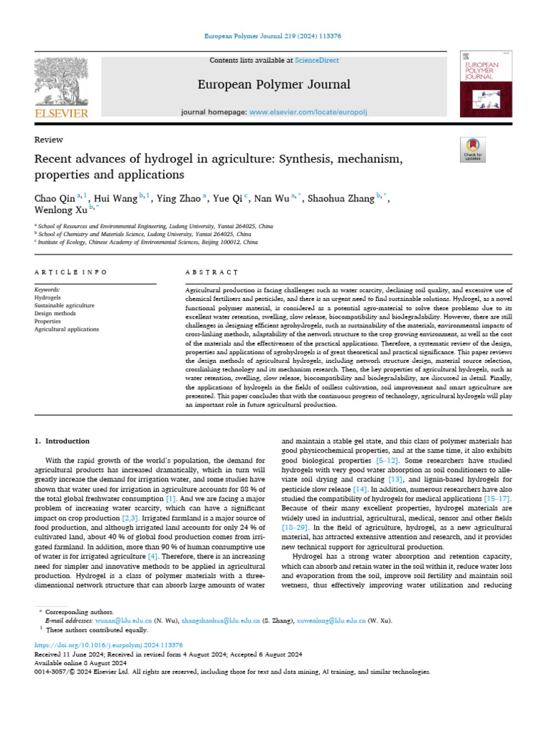 Hydrogel Review 2024 | PDF | Cross Link | Polymers