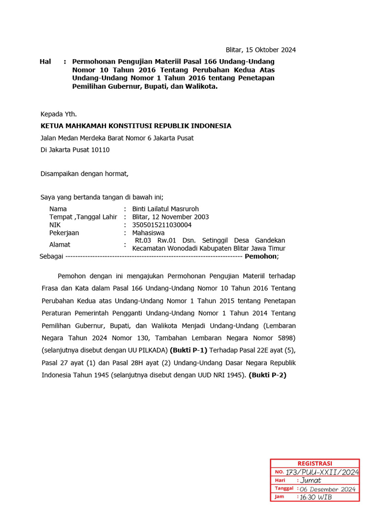 Permohonan Diregistrasi - 3896 - 5747 - Permohonan | PDF