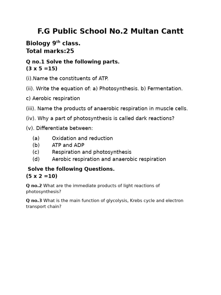 9th Grade Biology Exam: ATP & Photosynthesis | PDF