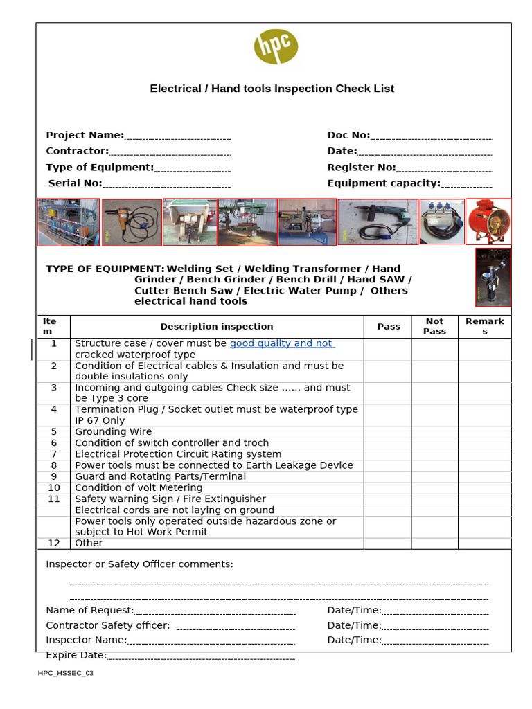 Electrical Hand Tools Inspection Checklist | PDF