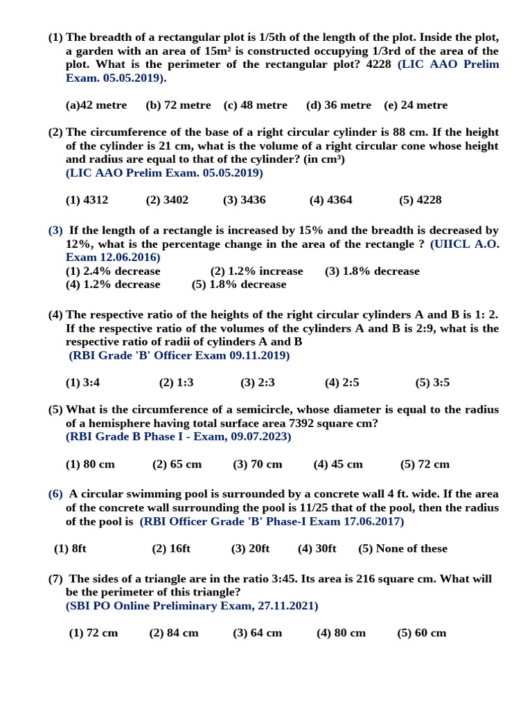Mensuration Previous Question DP Sir | PDF | Area | Length
