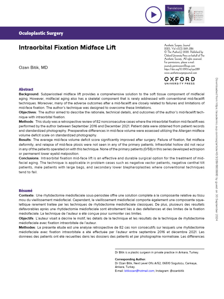 Intraorbital Fixation Midface Lift Study | PDF | Surgical Suture