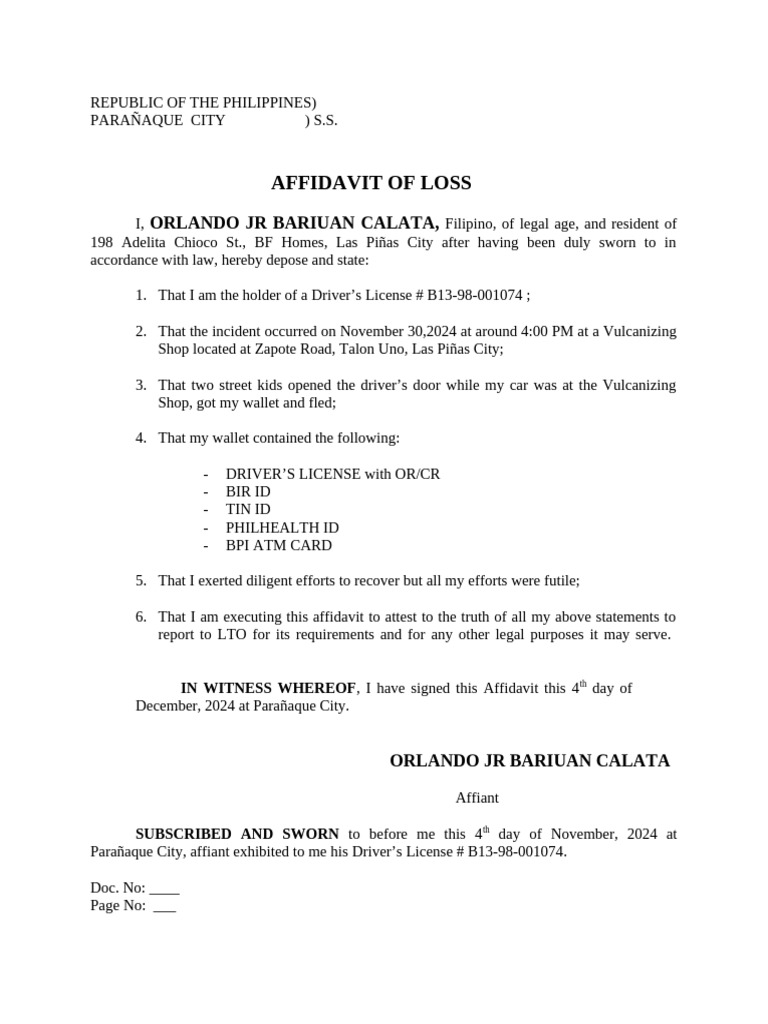 Affidavit of Loss - Driver's License BUNYAG | PDF | Affidavit