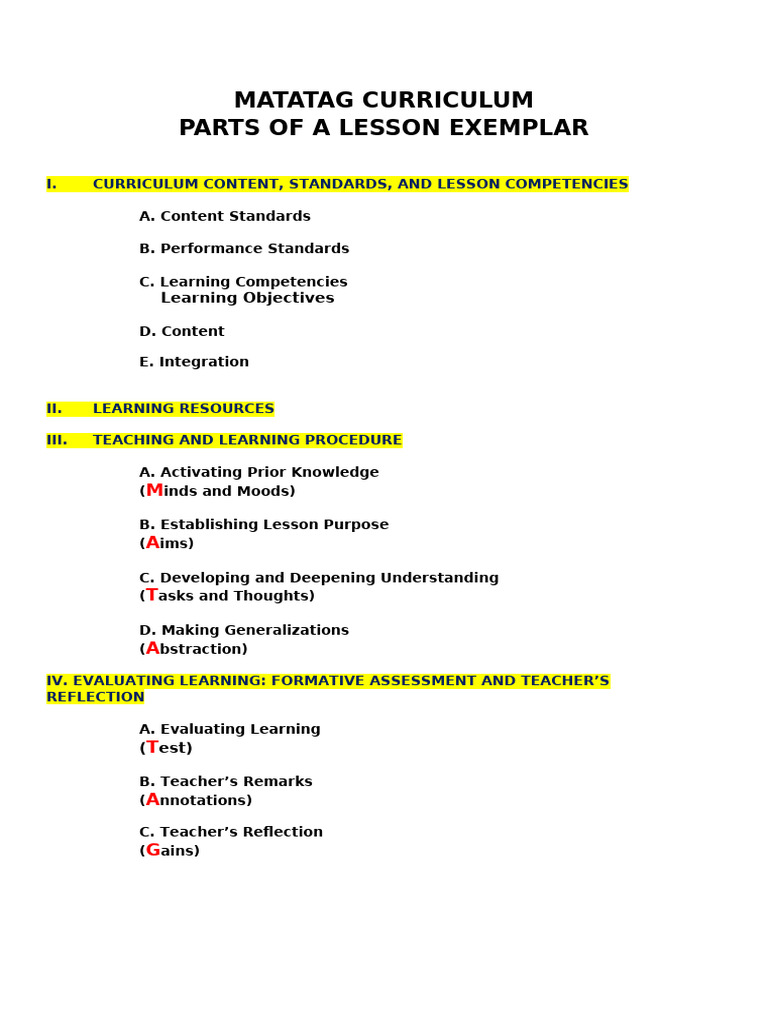 MATATAG CURRICULUM Parts of A Lesson Exemplar | PDF