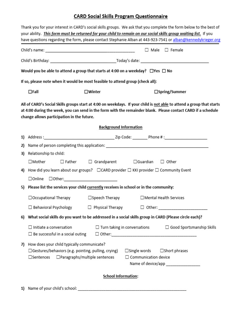 Parents: CARD Social Skills Form | PDF | Individualized Education ...