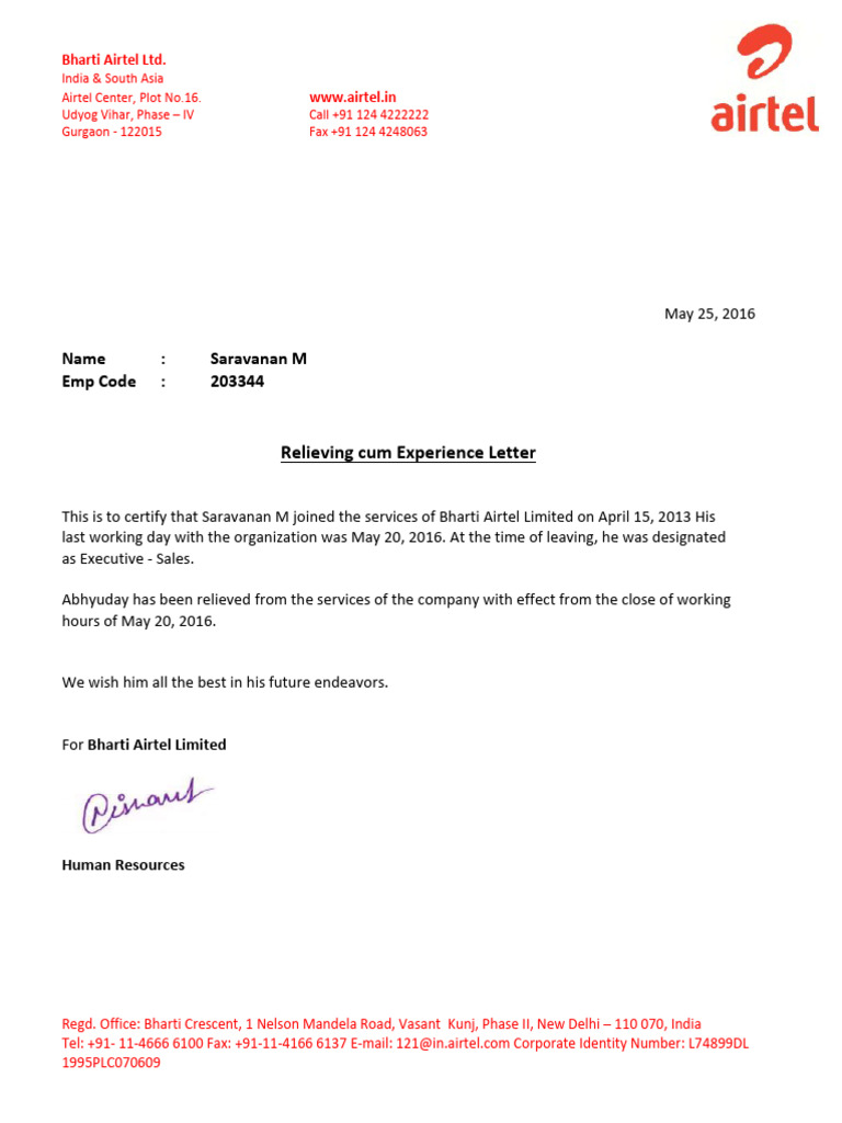 Airtel Relieving Letter for Saravanan M | PDF