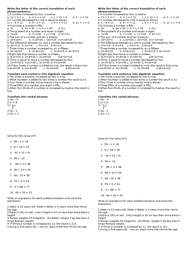 Algebraic Translations and Equations | PDF | Speed | Numbers