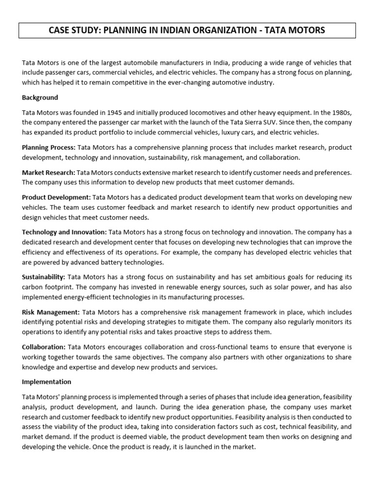 Case Study Planning in Indian Organization - Tata Motors | PDF | New ...