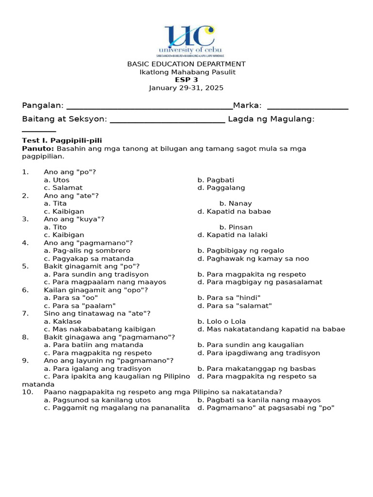 ESP 3 - Q3 Mastery Test | PDF