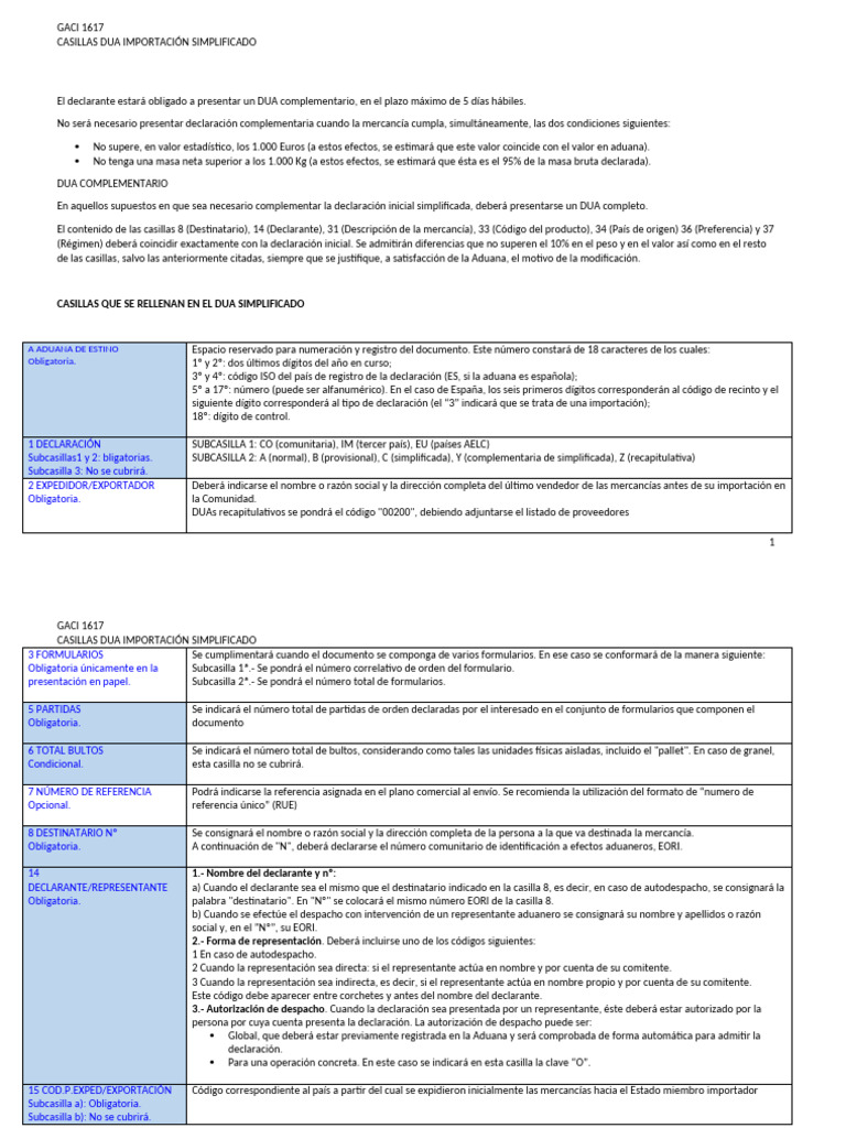 Casillas DUA Importación Simplificada | PDF | aduana | Factura