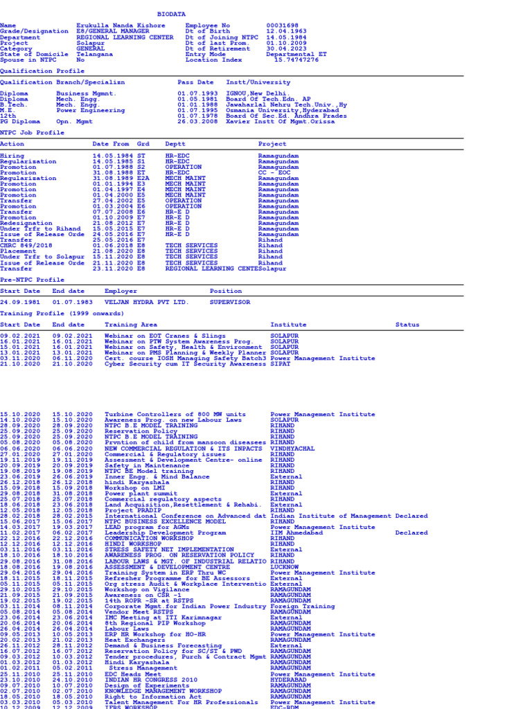 Biodata Shri E Nanda Kishore | PDF | Business