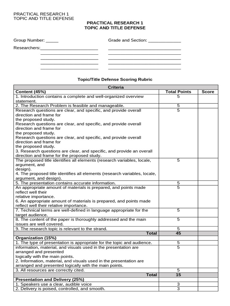 Practical Research 1 Title Defense Rubric 1 | PDF | Communication ...