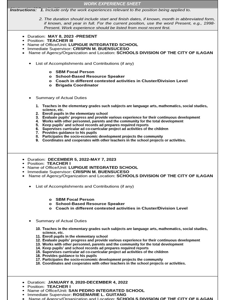 Teacher Work Experience Sheet Template | PDF | Teachers | Learning