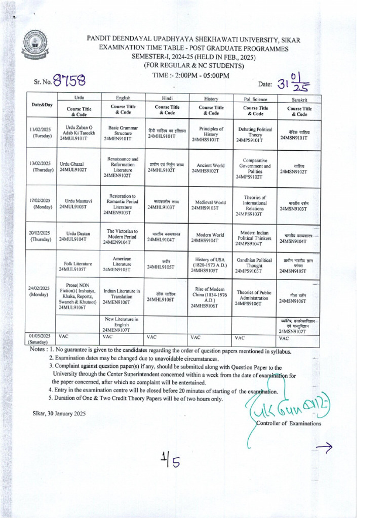 P.G Previous Semester-1 Time Table 2024-25 | PDF