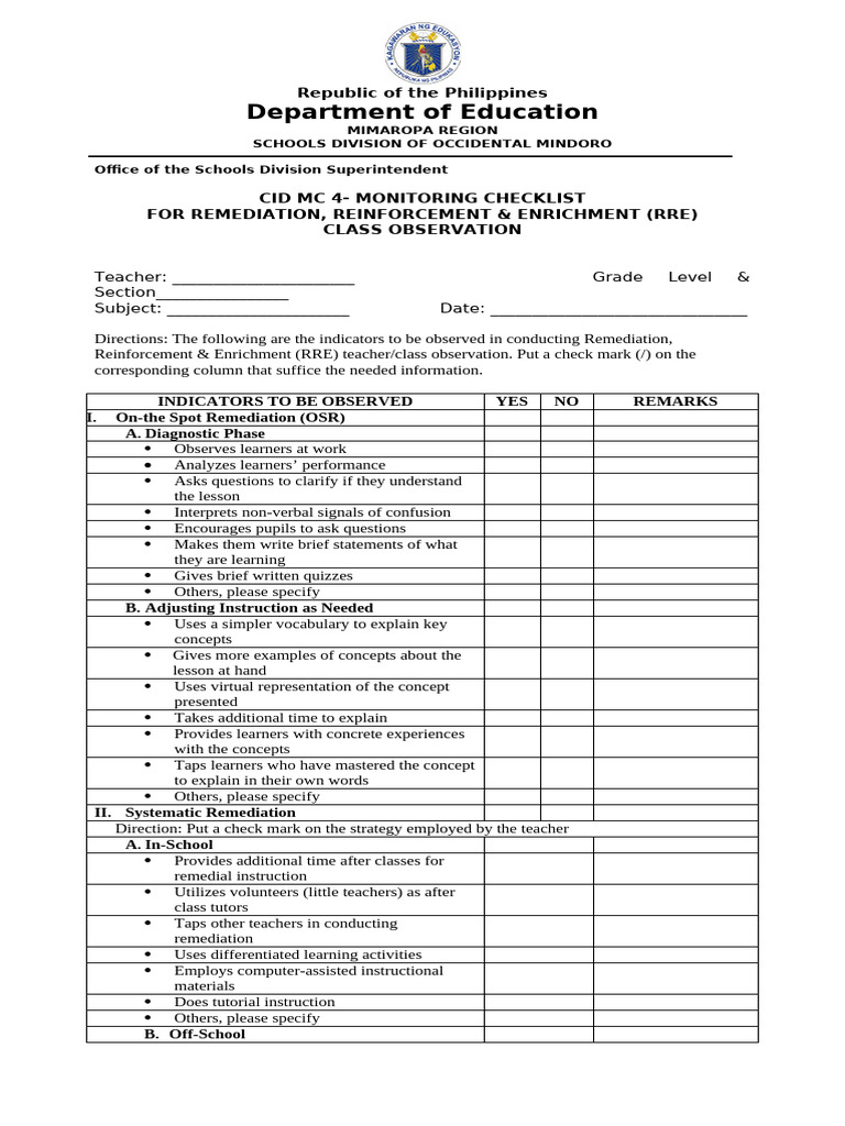 RRE Class Observation Checklist | PDF | Teachers | Teaching